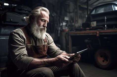 Premium AI Image | Shot of a mechanic using a digital tablet while sitting in his workshop ...