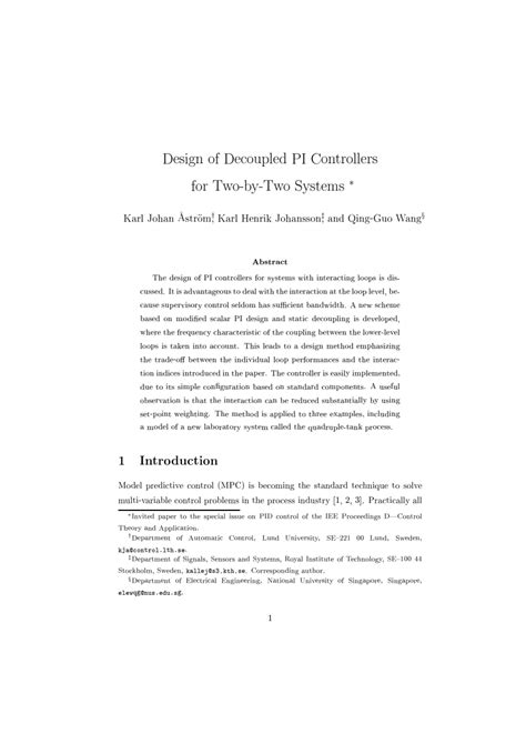 Pdf Design Of Decoupled Pi Controllers For Two By Two Systems
