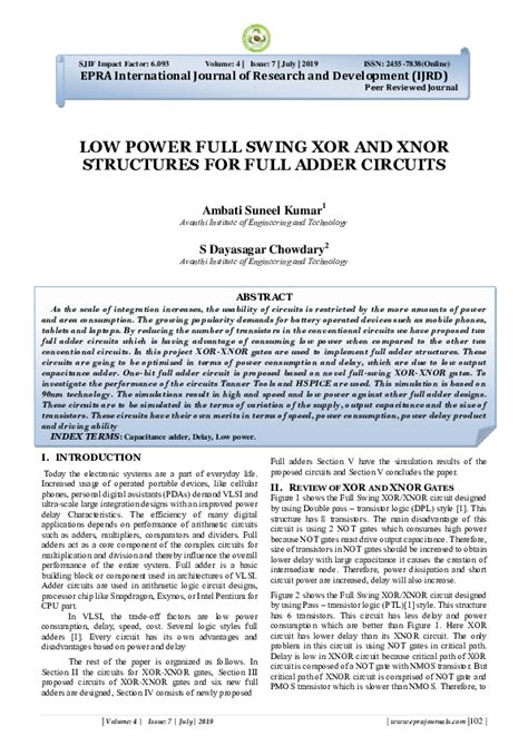 Pdf Low Power Full Swing Xor And Xnor Structures For Full Adder Circuits