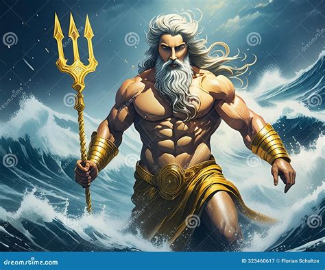 Giant Poseidon Coming Out Of The Stormy Sea Greek Mythological God Wearing Gold Bracelets Stock