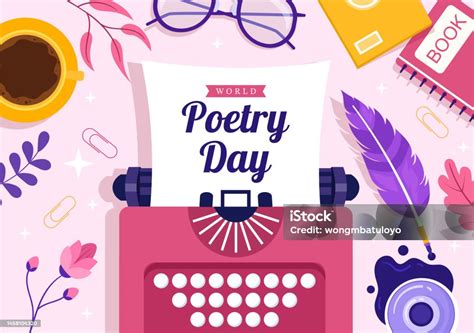 3월 21일 세계 시의 날 웹 배너용 깃펜 종이 또는 타자기가 있는 그림 또는 평면 만화 손으로 그린 템플릿의 랜딩 페이지 타자기에 대한 스톡 벡터 아트 및 기타 이미지