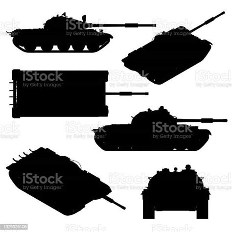 흰색 배경에 고립 된 다양한 위치에 전투 탱크의 실루엣으로 설정합니다 벡터 일러스트레이션 탱크에 대한 스톡 벡터 아트 및 기타