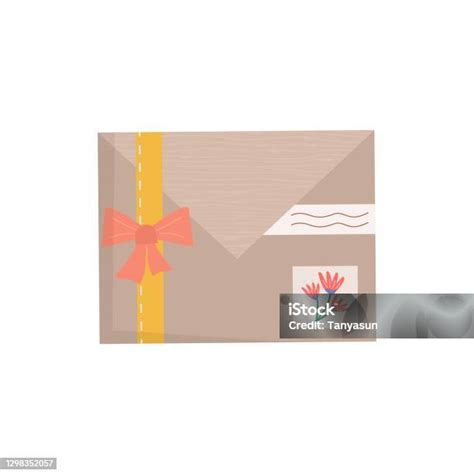 스탬프가 있는 봉투 세트 배달 편지에 대한 아이콘 우편 서비스를 통한 서신 수제 종이 편지 리본 가지 및 기타 장식 요소로 손으로 만든 선물 또는 선물 플랫 벡터 개념에