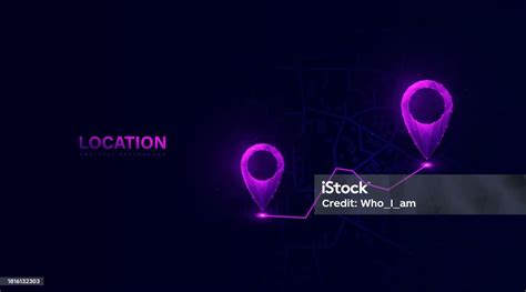 지도에 핀으로 위치 표시 내비게이션 로케이터 지도 Gps를 사용합니다 낮은 다각형 와이어 프레임 메쉬 선과 삼각형 보라색 배경에 연결하는 점 일러스트레이션 벡터 지도에 대한