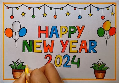 Happy New Year 2024 Drawing With Colour Easy Work 2D 3D