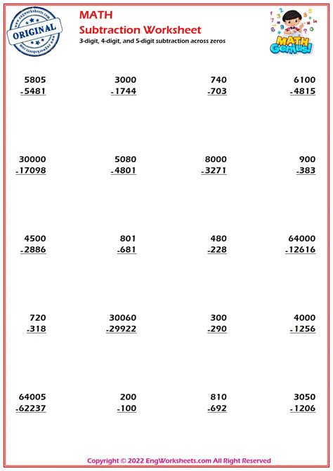 3 Digits 4 Digits And 5 Digits Subtraction Across Zeros