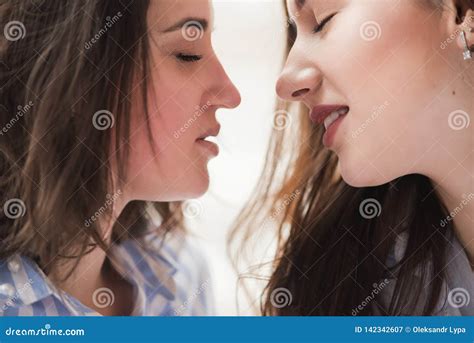 Two Girls Same Sex Going To Kiss Close Up Stock Image Image Of