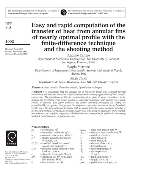 Pdf Easy And Rapid Computation Of The Transfer Of Heat From Annular
