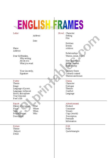 English Frames Esl Worksheet By Granny Elie