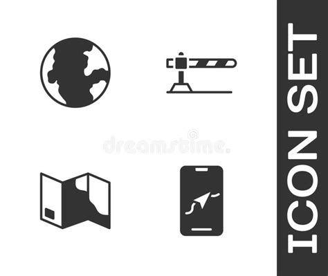 Set City Map Navigation Earth Globe Folded And Parking Car Barrier Icon Vector Stock Vector