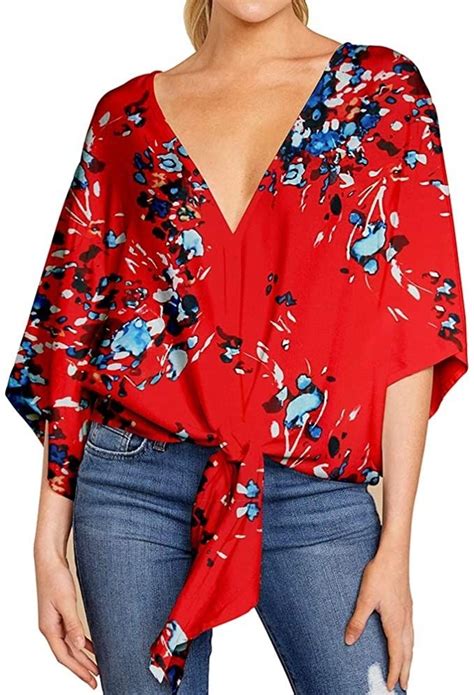 Ckikiou Womens Plus Size V Neck Knot Tie Front Summer Chiffon Blouses
