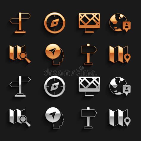 Set Map Marker With Human Location On The Globe Folded Map Location Road Traffic Sign Search