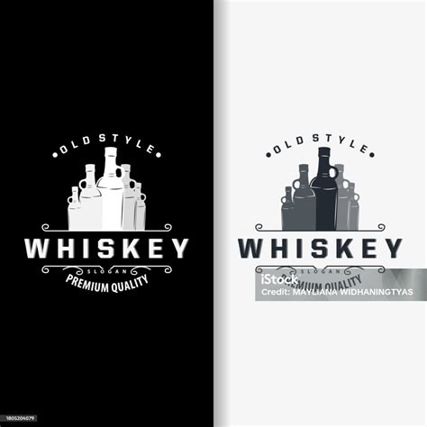 위스키 로고 오래된 복고풍 빈티지 장식 일러스트레이션 프리미엄 템플릿이 있는 음료 라벨 디자인 겨울에 대한 스톡 벡터 아트 및