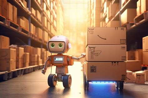 Premium Ai Image Robot Agv Transporting Cardboard Box In Warehouse