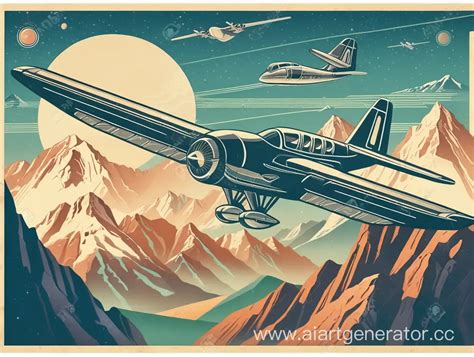Retro Futurism Style Poster Flying Plane Over Majestic Mountains | AI ...