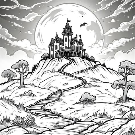 A Black And White Drawing Of A Halloween Haunted Castle On A Hill With