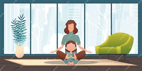 Maman Et Sa Petite Fille Méditent Ensemble Illustration Vectorielle De