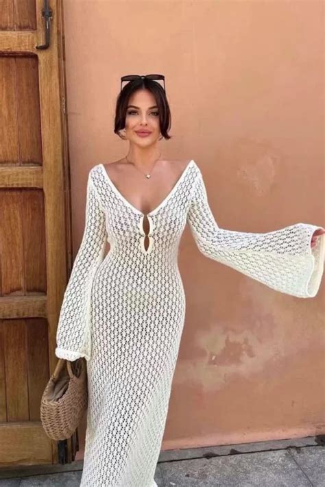 Saodimallsu Womens V Neck Crochet Maxi Dresses Bell Sleeve Bodycon Long