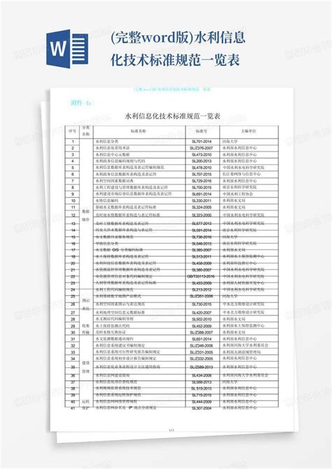 完整版 水利信息化技术标准规范一览表Word模板下载 编号qkrakzvp 熊猫办公