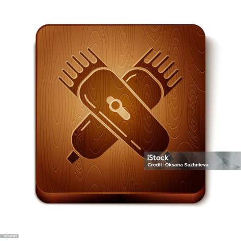 갈색 은 흰색 배경에 격리 전기 헤어 클리퍼 또는 면도기 아이콘을 교차 이발소 기호입니다 나무 사각형 버튼입니다 벡터 일러스트레이션 0명에 대한 스톡 벡터 아트 및 기타