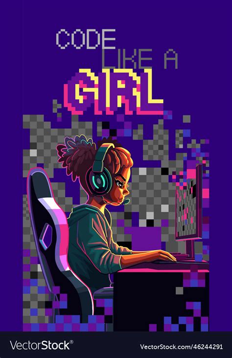 African Girl Programmer With A Headset Sits Vector Image