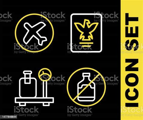 세트 라인 여권 알코올 없음 여행 가방 및 비행기 아이콘이있는 스케일 벡터 개념에 대한 스톡 벡터 아트 및 기타 이미지 개념 건네주기 경계 표지 Istock