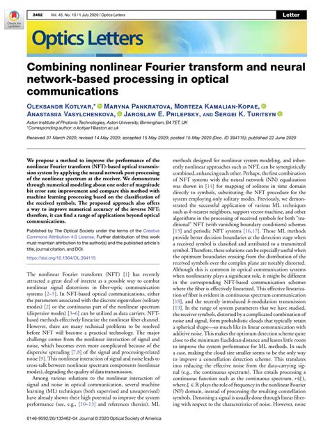 Pdf Combining Nonlinear Fourier Transform And Neural Network Based Processing In Optical