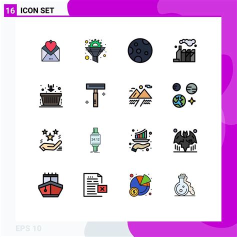 Group Of 16 Flat Color Filled Lines Signs And Symbols For Business Factory Gear Pollution