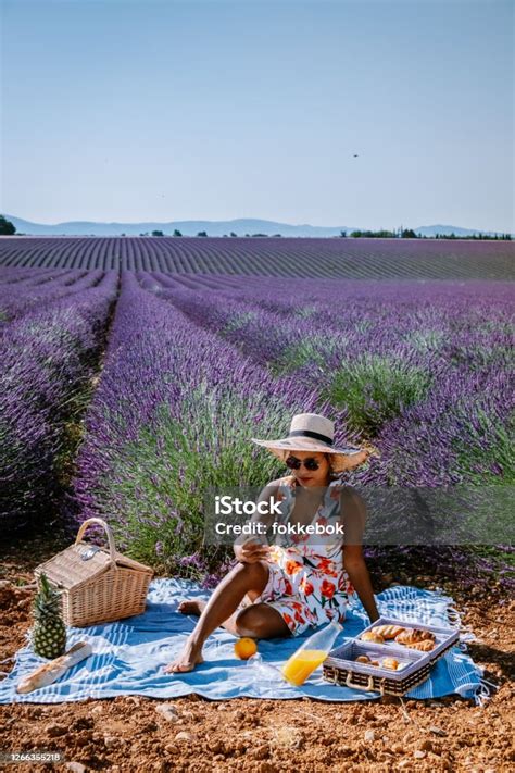 프로방스 라벤더 들판에서 휴가를 보내고 있는 여성 프로방스 라벤더 필드 프랑스 발렌솔 고원 라벤더 발렌솔 고원 프로방스 남부 프랑스 라벤더 필드 여름에 대한 스톡 사진 및