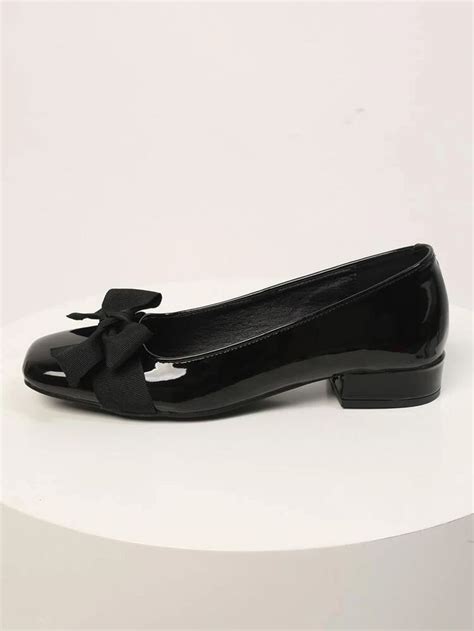Bow Decor Square Toe Flats Black Preppy Style Bowknot Solid Color