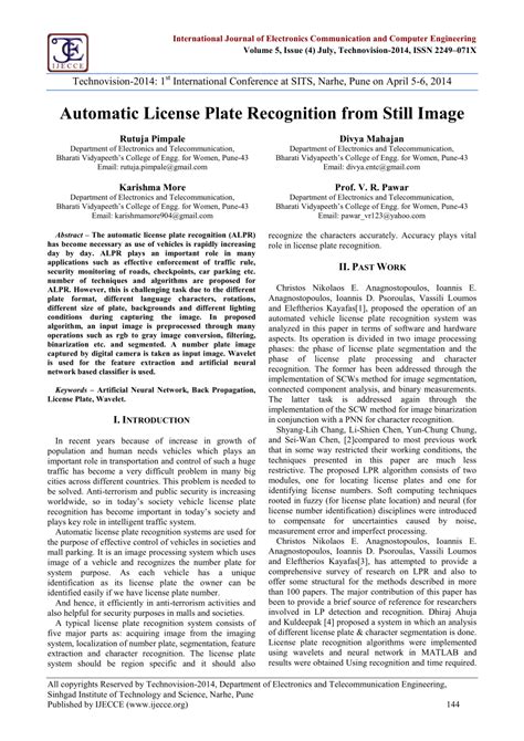 PDF Automatic License Plate Recognition From Still Image