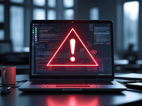 Laptop Screen Glowing Red Warning Triangle Exclamation Mark Digital Alert Cybersecurity