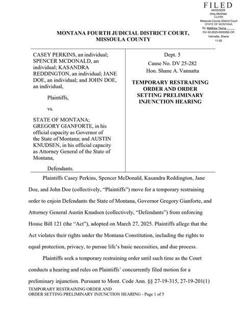 Montana Temporary Restraining Order And Order Setting Preliminary