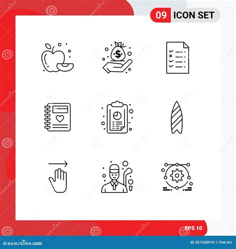 Pictogram Set Of Simple Outlines Of Graph Analytics File Annual Report Heart Stock Vector
