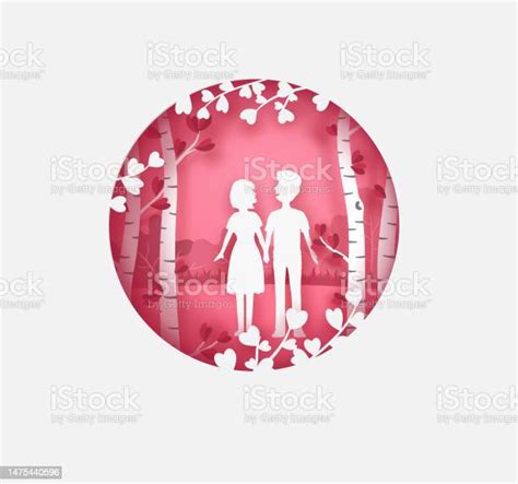 낭만적 인 정원에서 산책하는 연인 원형 프레임이 있는 분홍색과 흰색 색상의 발렌타인 카드 종이 예술 개념의 벡터 일러스트레이터