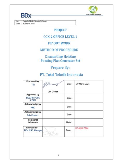 Mop Dismantel Hoisting Plan Generator Set Approval Pdf Forklift