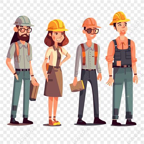 각종 작업복을 입은 건설 노동자 4명 만화 벡터클립 아트