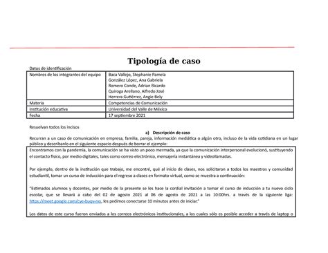 Act Formulario Grupo Tipología de caso Datos de identificación Nombres de los integrantes