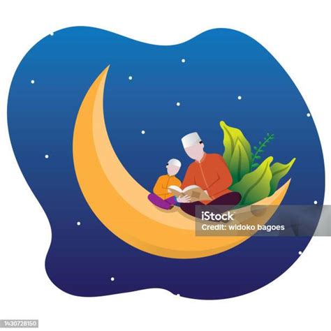 꾸란을 읽고 초승달 위에 앉아있는 행복한 무슬림 소년 라마단 또는 이슬람 휴일을위한 배너 Eid Mubarak에 대한 스톡 벡터 아트 및 기타 이미지 Eid