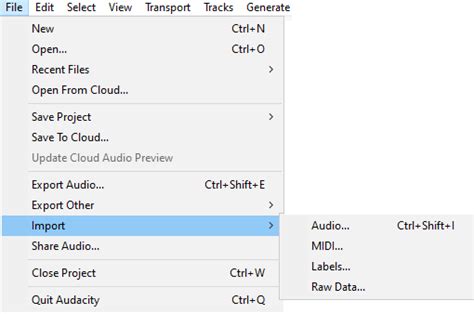 File Menu Import Audacity Manual