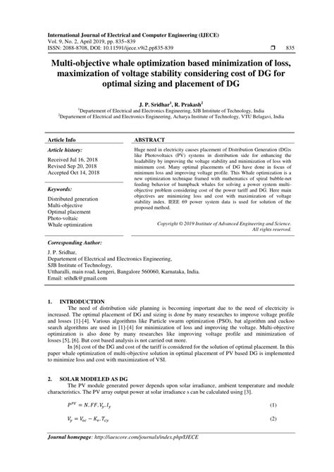 Pdf Multi Objective Whale Optimization Based Minimization Of Loss Maximization Of Voltage