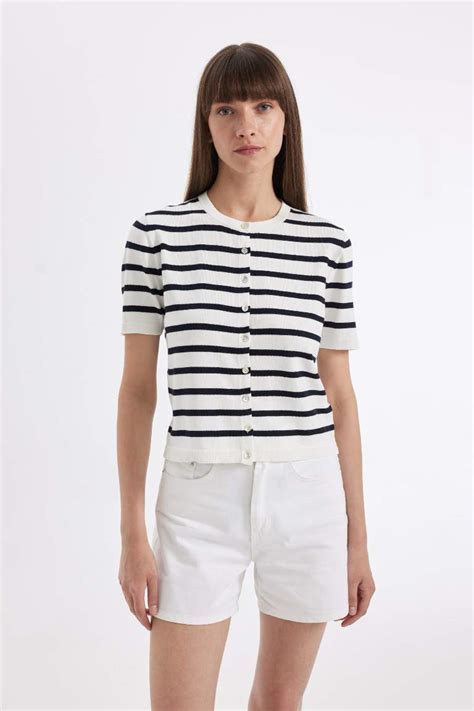 بيج فاتح نساء جاكيت تريكو مخطط نص كم قصة عادية 3151611 Defacto