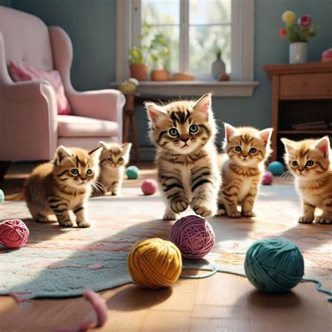 A Group Of Kittens Playing With Colorful Yarn Balls Premium Ai