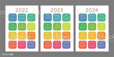 포켓 캘린더 2022 2023 년 및 2024 년 세로 방향입니다 영어 다채로운 벡터 세트 세로 템플릿입니다 디자인 컬렉션