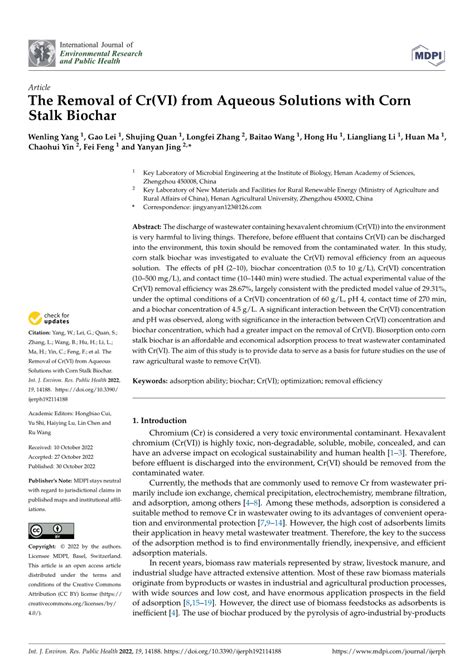 Pdf The Removal Of Cr Vi From Aqueous Solutions With Corn Stalk Biochar