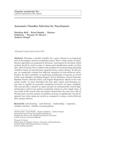 Pdf Automatic Classifier Selection For Non Experts