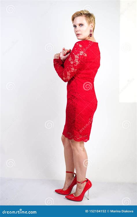 Fashion Female In Red Lace Dress Standing Alone Plus Size Blonde Woman With Short Hair And
