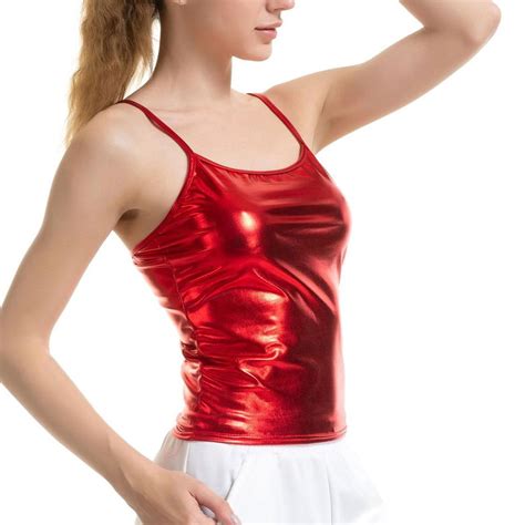 Women Faux Leather Shiny Wetlook Crop Top Camisole Vest Tank Top Dance