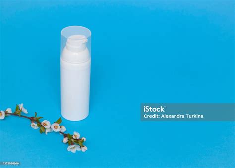 파란색 배경 측면보기에 얼굴 크림 전경에 꽃이 있는 나뭇가지 피부를 돌보는 0명에 대한 스톡 사진 및 기타 이미지 0명 건강관리와 의술 건강한 생활방식 Istock