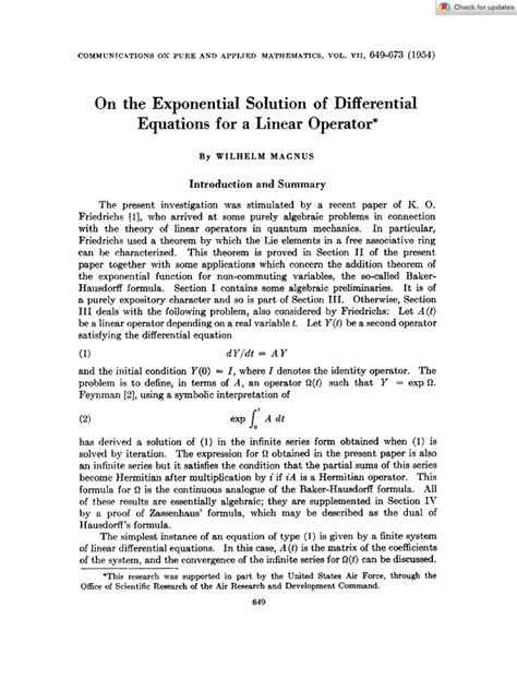 On The Exponential Solution Of Differential Equations For A Linear